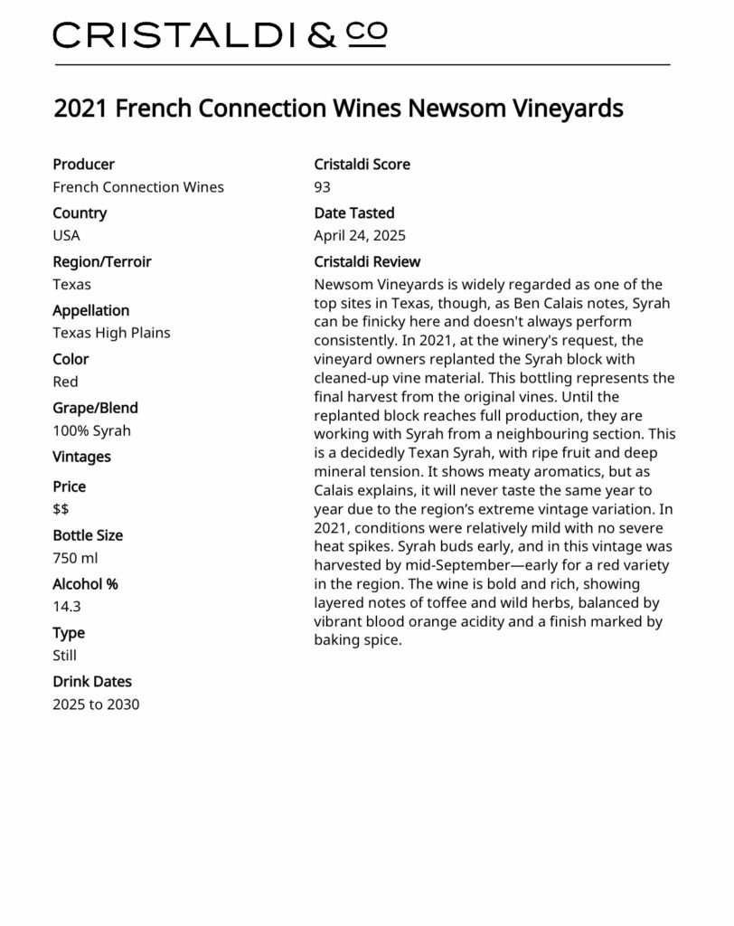 2021 Syrah (Newsom Vineyards) Scores 93 points with Cristaldi & Co ...